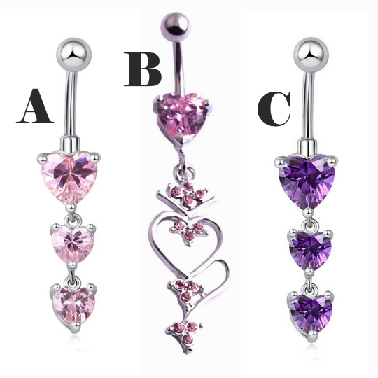 Stainless Steel Triple Zirconia Heart Navel/Belly Button Piercing (2 Options) - Deal4Steal
